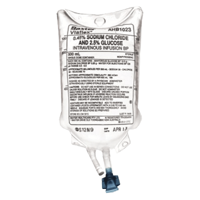 Baxter 0.45% SODIUM CHLORIDE & 2.5% GLUCOSE IV SOLN 500ML - Vet Equip Australia